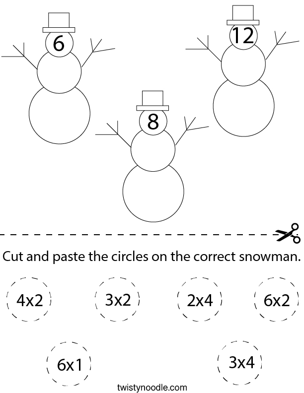 Multiplication- Cut and paste the circles on the correct snowman Math Worksheet - Twisty Noodle